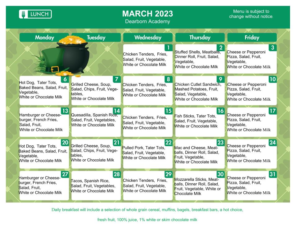 Monthly Menu – Dearborn Academy